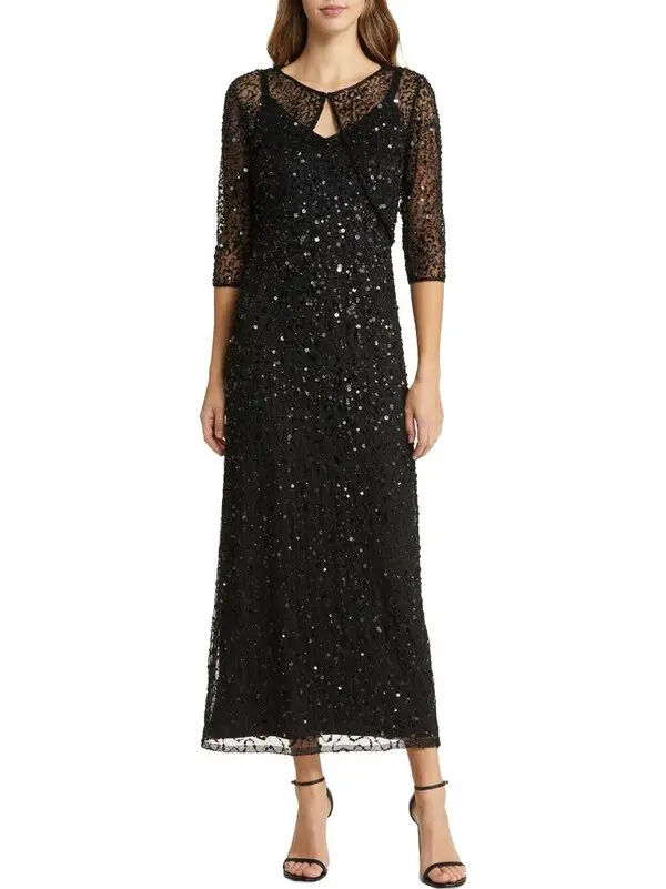 Pisarro Nights Beaded Cocktail Dress With Bolero - Black