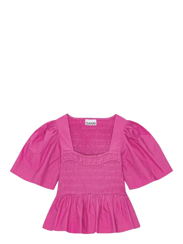 GANNI Peplum-waist Organic-cotton Blouse - Pink