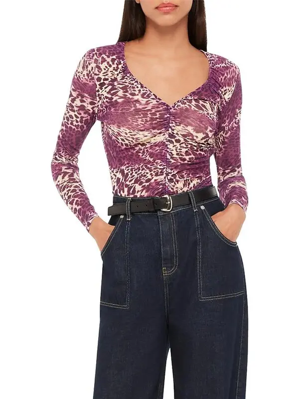 Whistles Sahara Leopard Mesh Ruched Long Sleeve Top - Pink/multi