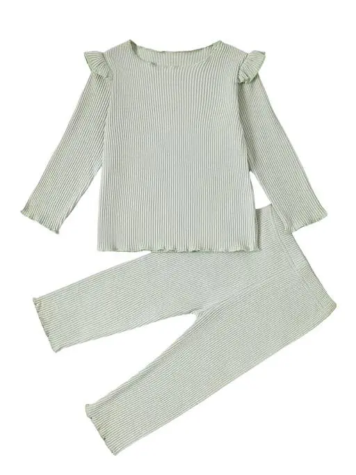 ASHMI & CO. Ribbed Long Sleeve Top And Pants Set - Green