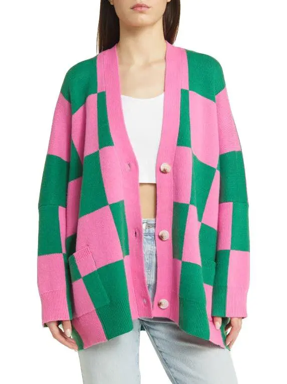 DRESSED IN LALA Oversize Checkerboard Cardigan - Watermelon