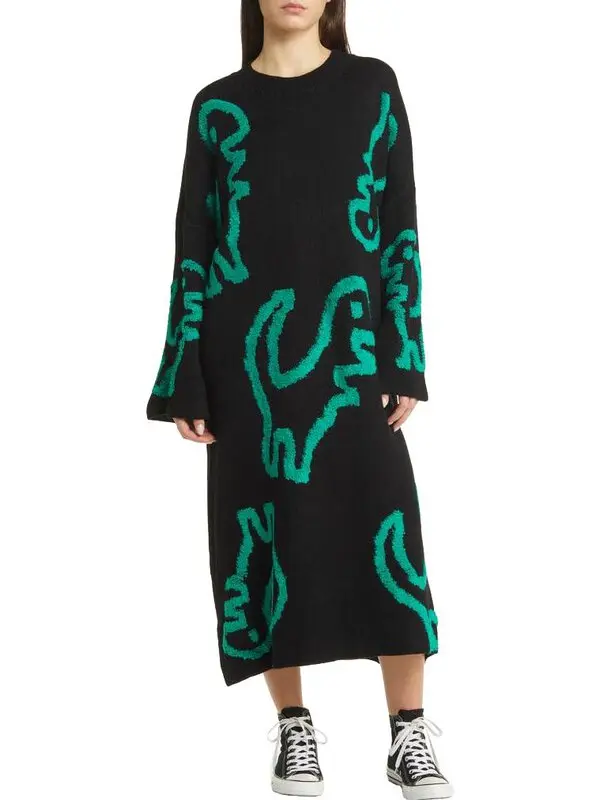 DRESSED IN LALA Oversized Sweater Dress With Dinosaur Graphic - Black