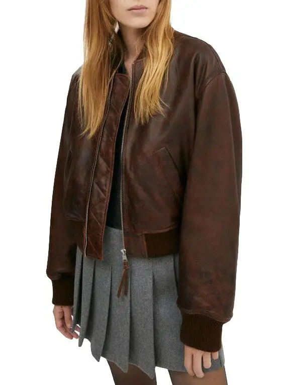 Mango Leather Bomber Jacket - Brown