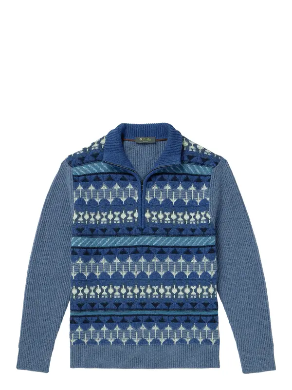 Loro Piana Fair Isle Ribbed-knit Cashmere Half-zip Sweater - Blue