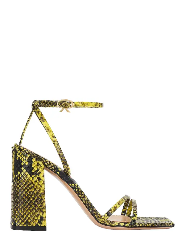 Block Heels Yellow Snakeskin Sandals Women's Neon Yellow Snakeskin