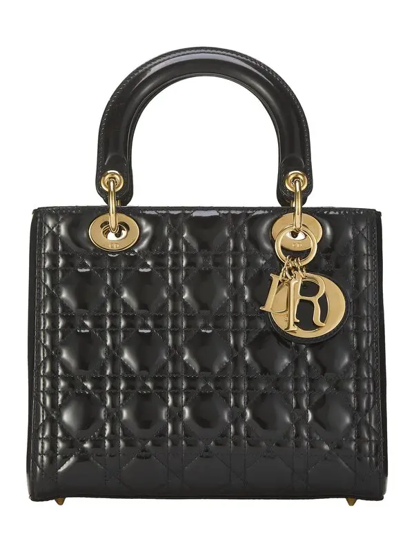Dior Lady Cannage Quilted Patent Leather Bag - Black