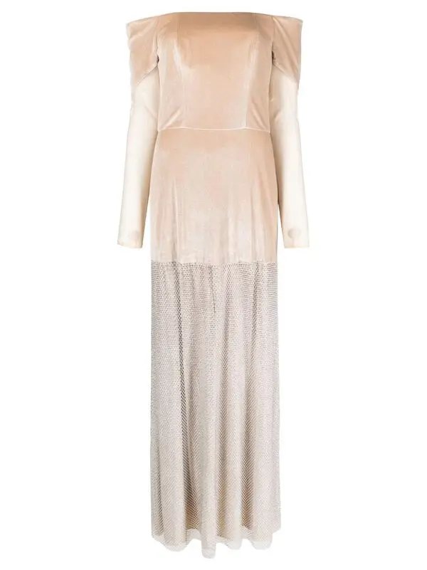 BAZZA ALZOUMAN Off-shoulder Rhinestone-embellished Gown - Neutrals