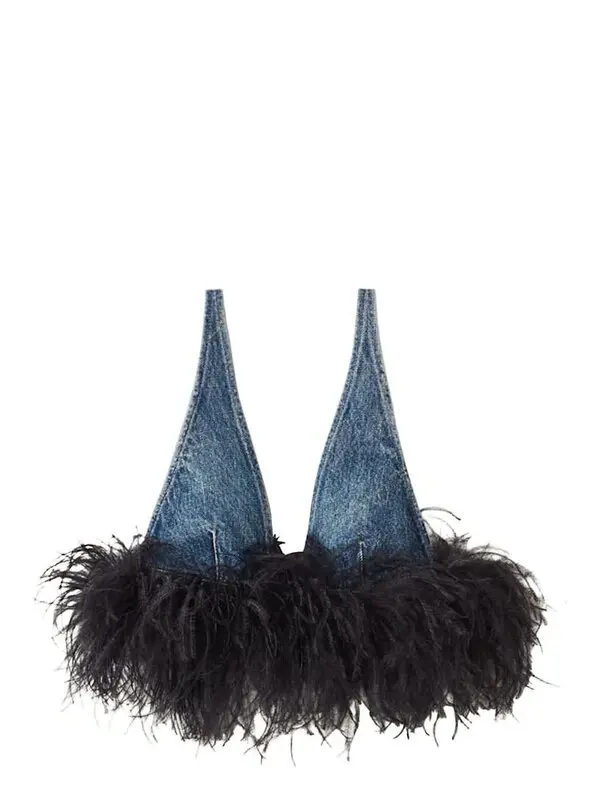 Miu Miu Denim Bra Top With Feather - Blu Nero