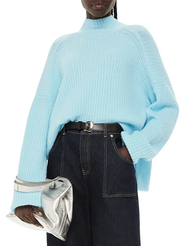 Whistles Wool Mix Rib Funnel Neck Sweater - Pale Blue