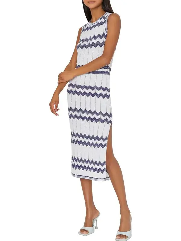 MILLY Oversized Zigzag Knit Midi Dress - Navy/ Ecru