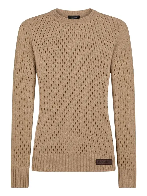Dsquared2 Pointelle Knit Jumper With Logo Patch - Neutrals