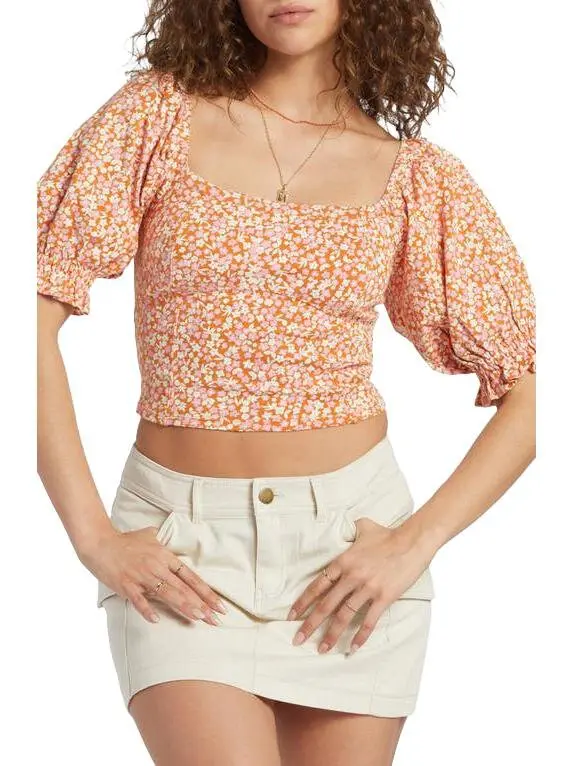 BILLABONG Floral Pointelle Smocked Back Crop Top - Light Sorbet