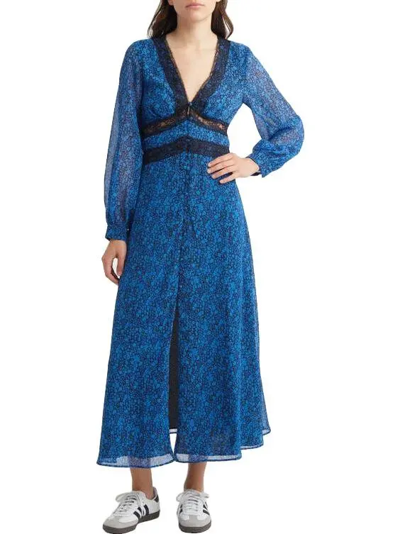 Topshop Floral Long Sleeve Midi Dress - Mid Blue