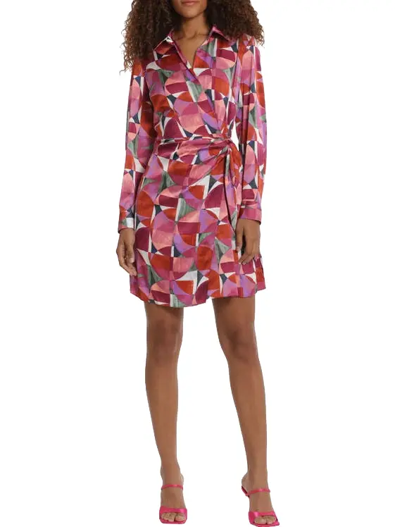 Maggy London Geo Print Long Sleeve Wrap Shirtdress - Sw/raspbry