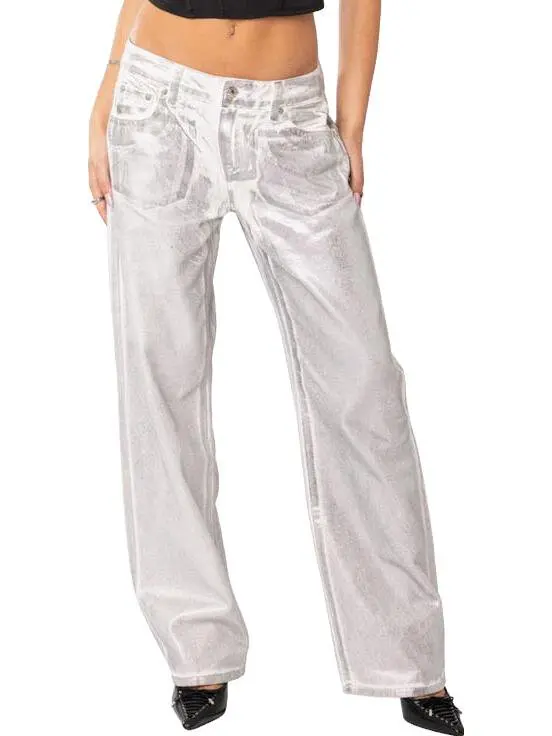 EDIKTED Jolene Metallic Straight Leg Jeans - Silver