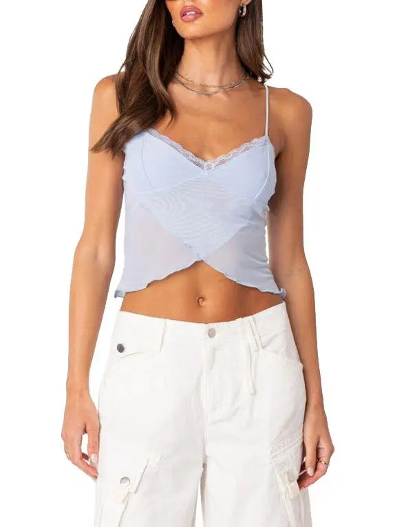 EDIKTED Crossover Mesh Crop Camisole - Light-blue