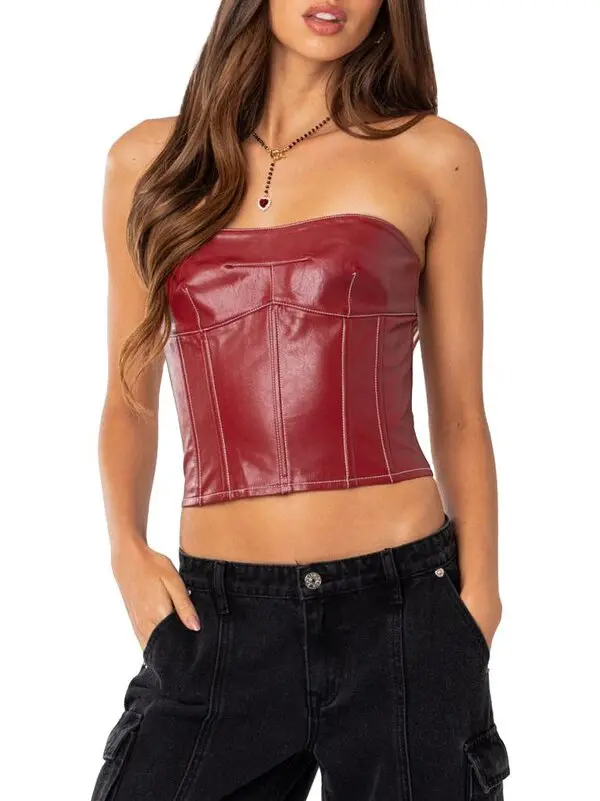 EDIKTED Moss Lace-up Faux Leather Corset Top - Burgundy