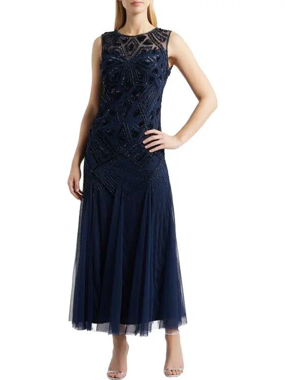 Pisarro Nights Geometric Beaded Gown - Navy