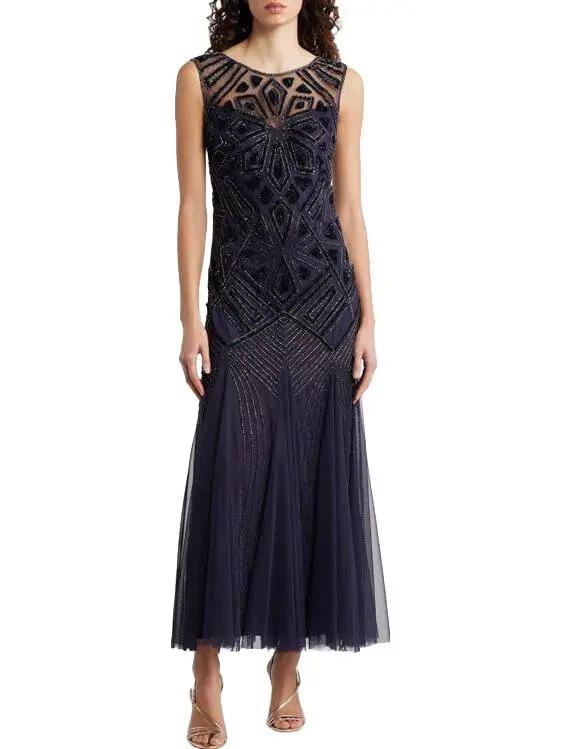 Pisarro Nights Geometric Beaded Gown - Plum 502