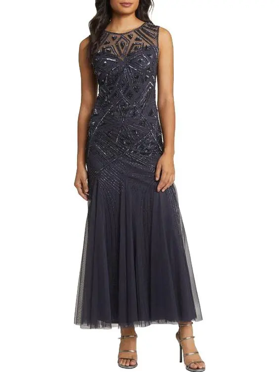 Pisarro Nights Geometric Beaded Gown - Slate 421
