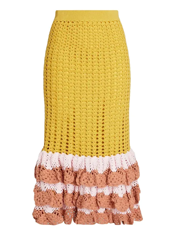 Zimmermann Tiered Crocheted Cotton Midi Skirt - Mustard