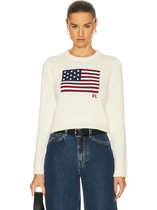 Polo Ralph Lauren Flag Long Sleeve Pullover Sweater - Cream
