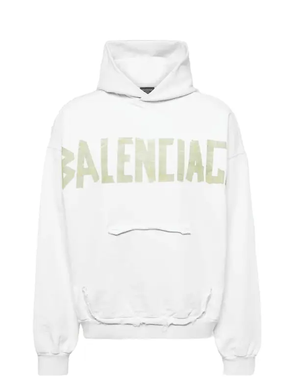 Balenciaga Tape Type Ripped Cotton Fleece Hoodie - White