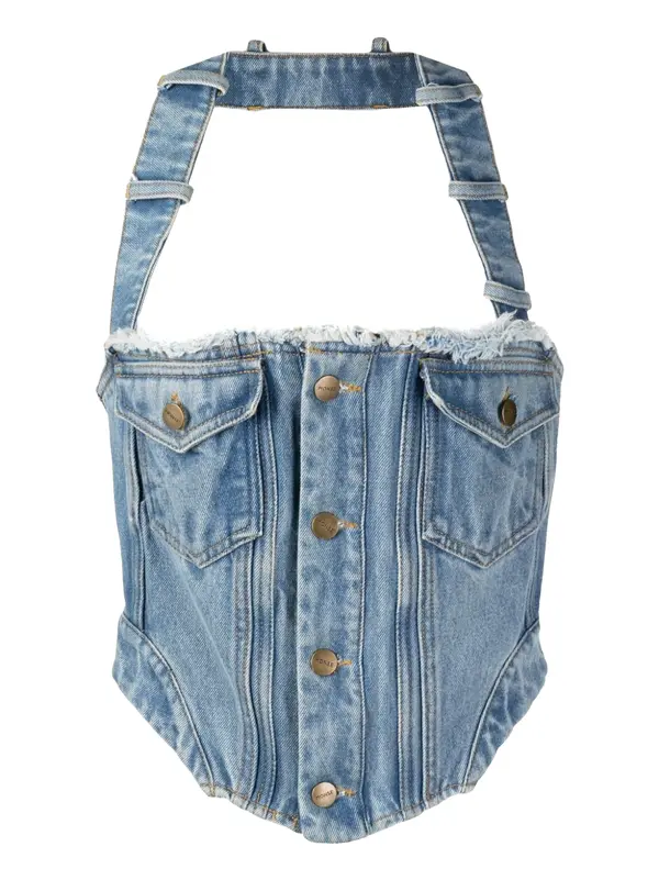 Monse Halterneck Washed Denim Corset Top - Blue