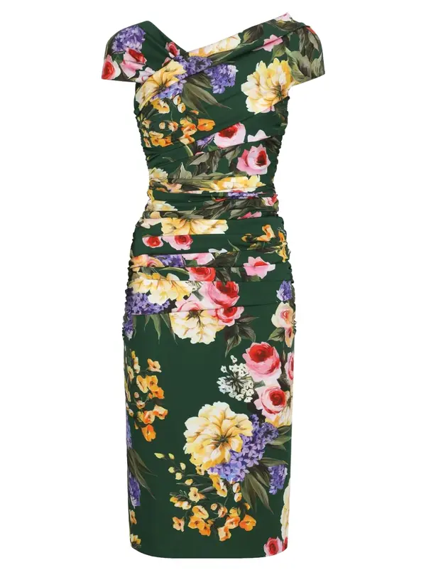 Dolce & Gabbana Floral-print Ruched Midi Dress - Green