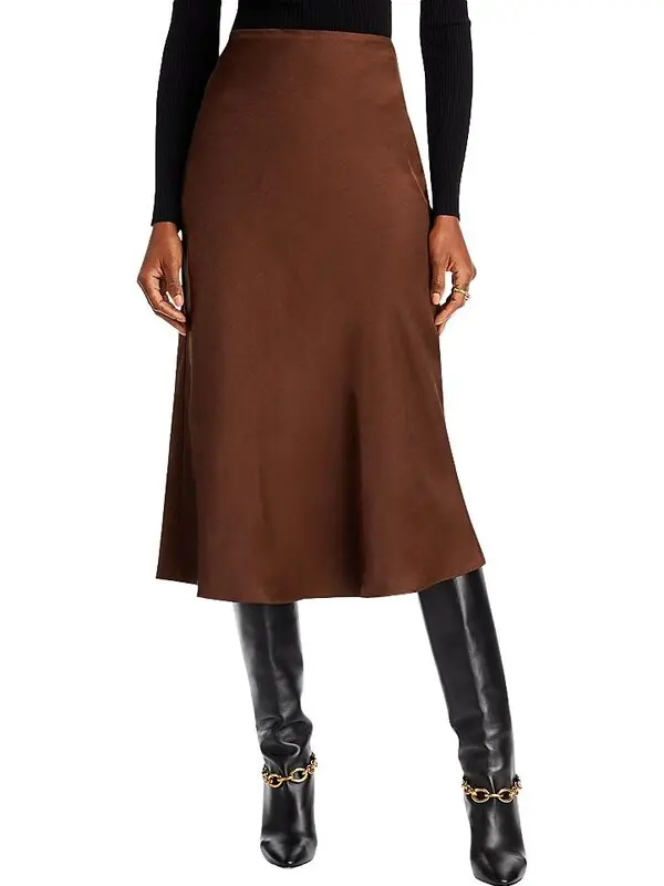 Aqua Satin Midi Slip Skirt - Chocolate