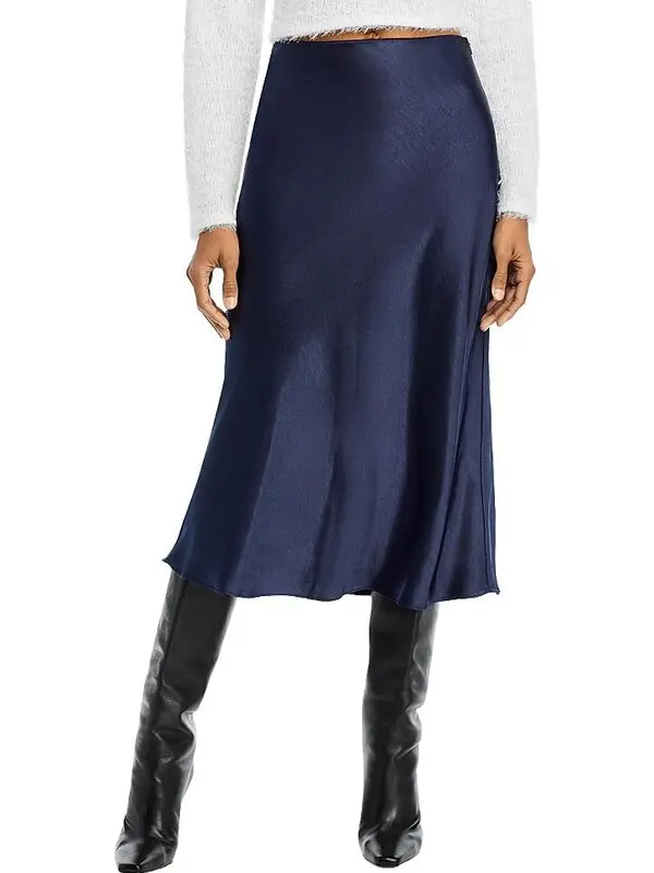 Aqua Satin Midi Slip Skirt - Navy