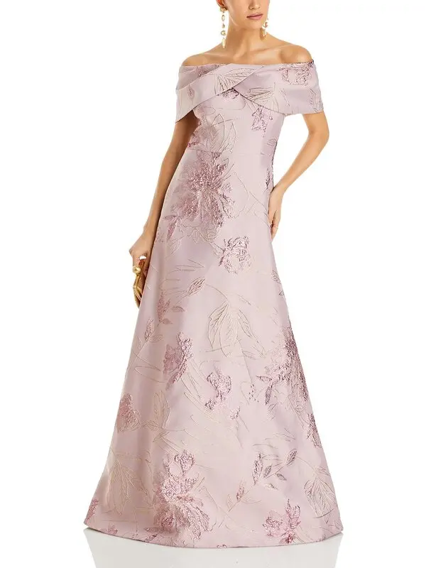 Rickie Freeman For Teri Jon Off-the-shoulder Metallic Jacquard Gown - Mauve Multi