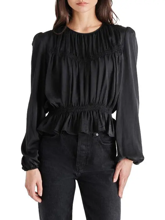 Steve Madden Pyper Ruched Satin Peplum Top - Black