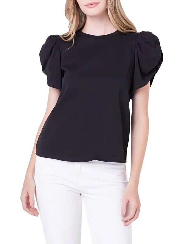 English Factory Gathered Sleeve Knit Top - Black