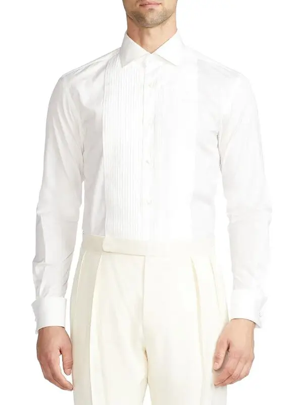 Ralph Lauren Purple Label Aston Pleated Cotton Poplin Tuxedo Shirt - White