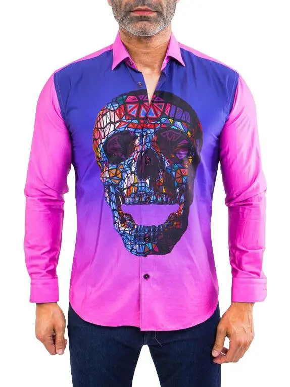 MACEOO Fibonacci Regular Fit Skull Print Cotton Button-up Shirt - Pink