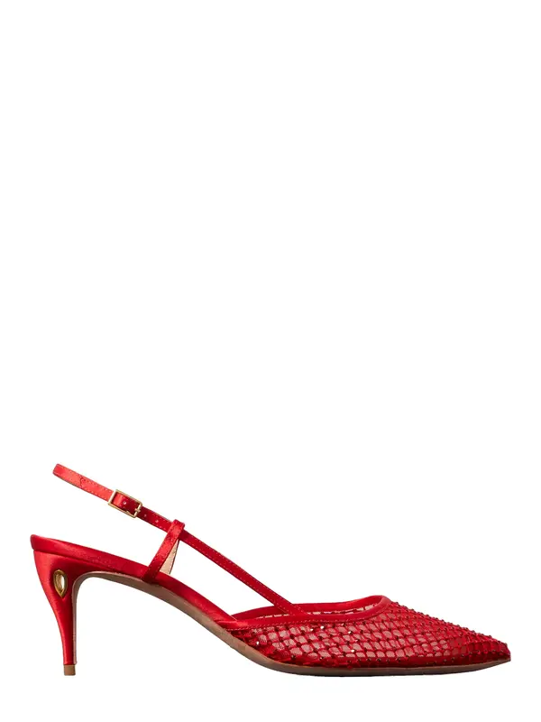 Jennifer Chamandi Mario 65 Satin And Crystal-embellished Mesh Slingback Pumps - Red
