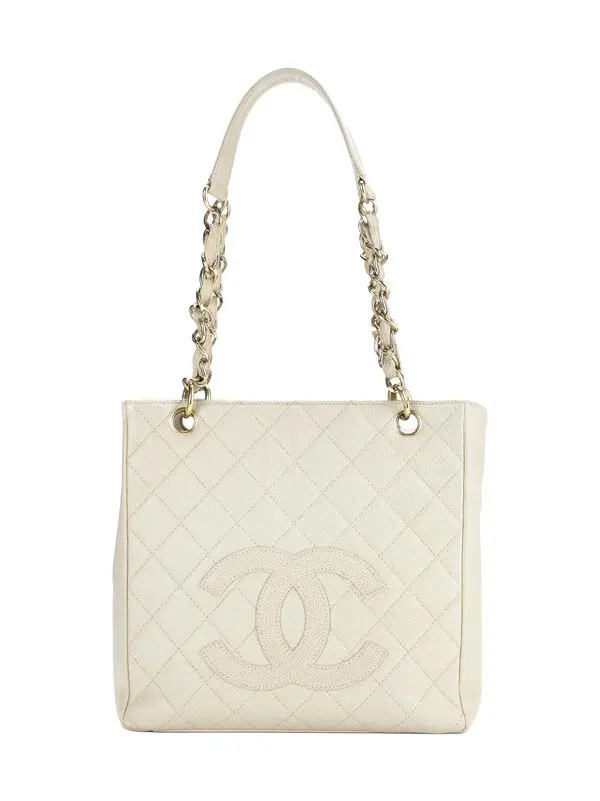Chanel Quilted Caviar Petite Shopping Tote - White