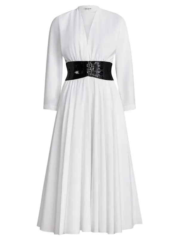 ALAÃA Belted Japanese Poplin Midi Dress - White