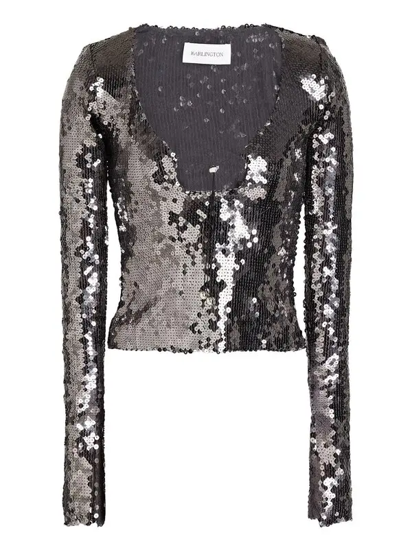 16Arlington Cropped Sequined Mesh Top - Anthracite