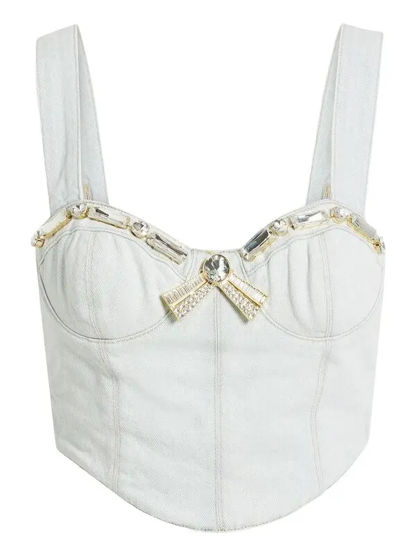 AREA Cropped Crystal-embellished Denim Bustier Top - Light Denim
