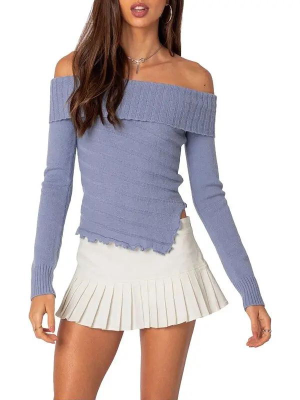 EDIKTED Sonya Foldover Off-the-shoulder Sweater - Blue