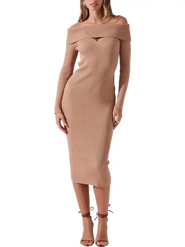 Astr The Label Cutout Off The Shoulder Long Sleeve Midi Sweater Dress - Tan