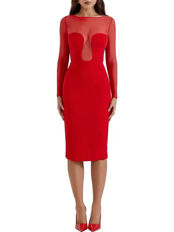 House Of Cb Darcy Long Sleeve Sheath Dress - True Red