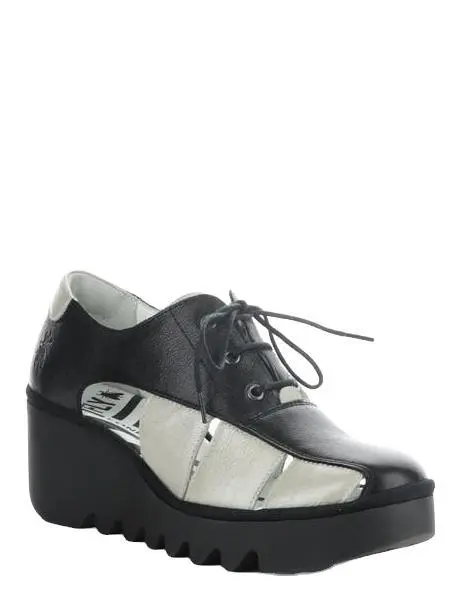 Fly London Bogi Platform Wedge Oxford - 004 Black/ Silver