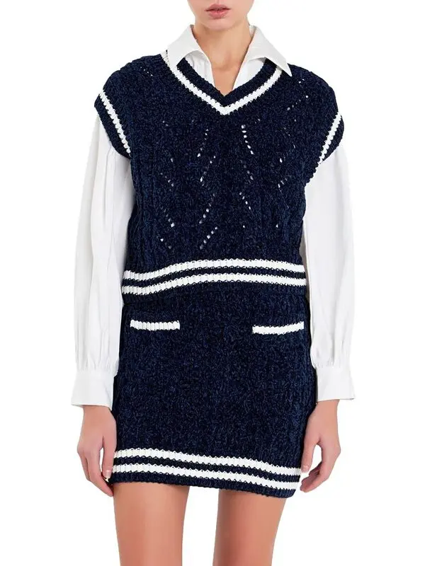 English Factory Stripe Trim Chenille Vest - Navy/white