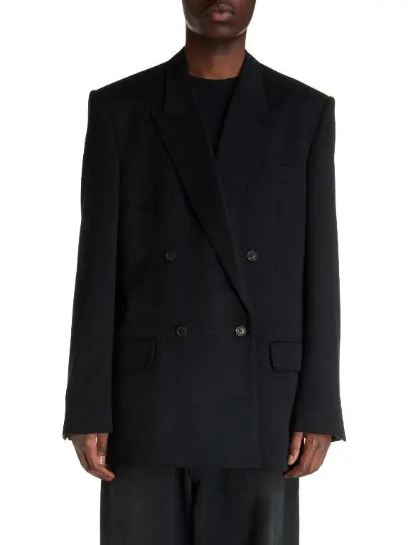 Balenciaga Regular Fit Double Breasted Wool Blazer - Black