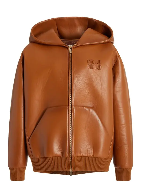 Miu Miu Oversized Hooded Leather Jacket - Brown