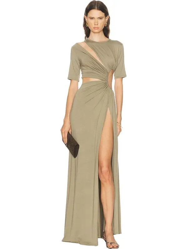 SID NEIGUM Gathered Slit Maxi Dress - Olive