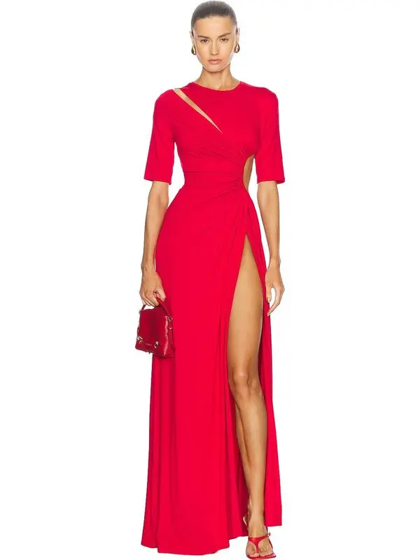 SID NEIGUM Gathered Slit Maxi Dress - Red